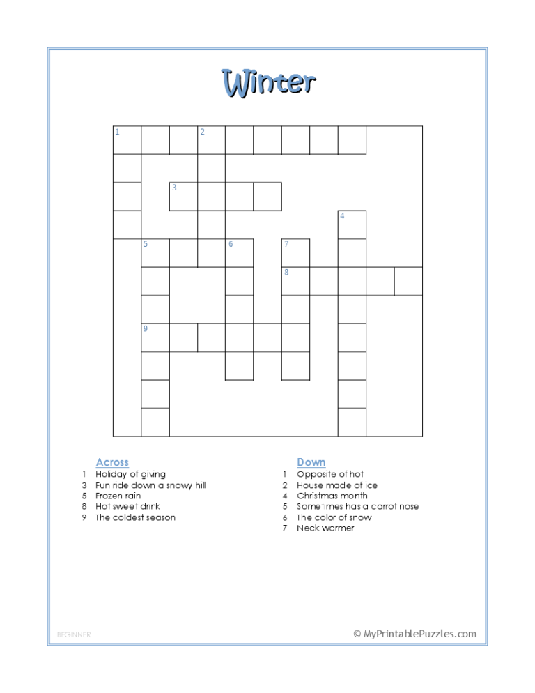 Fall Crossword Puzzle - Intermediate | My Printable Puzzles