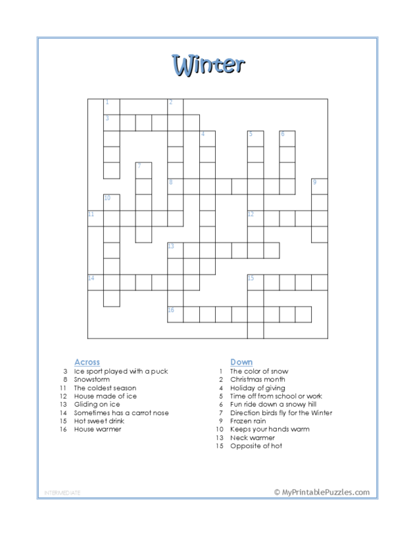 Winter Crossword Puzzle Intermediate My Printable Puzzles