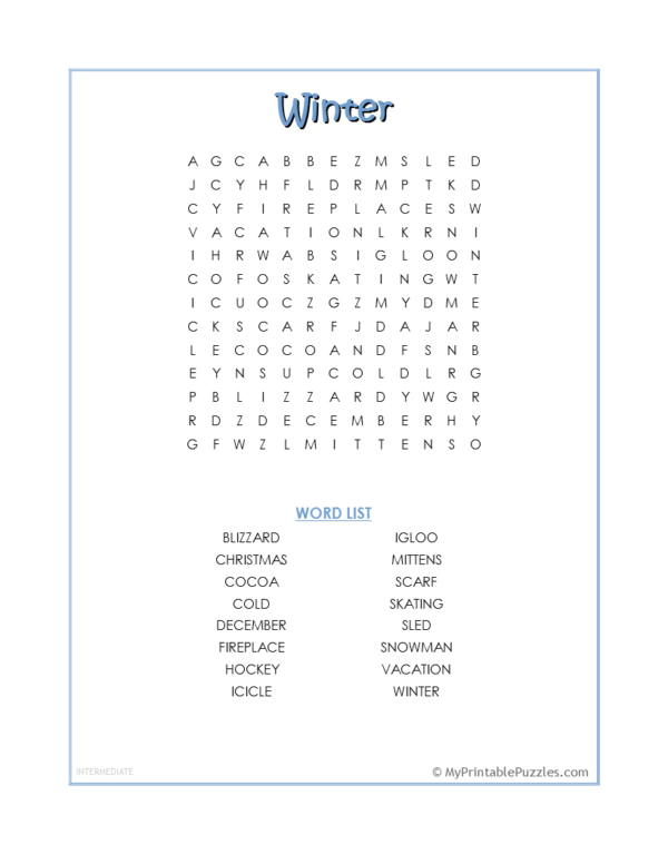 Winter Word Search - Intermediate | My Printable Puzzles