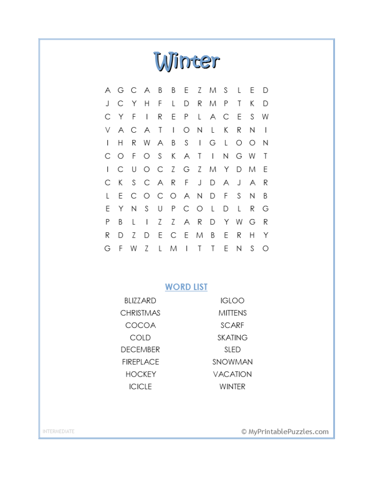 Fall Crossword Puzzle - Intermediate | My Printable Puzzles