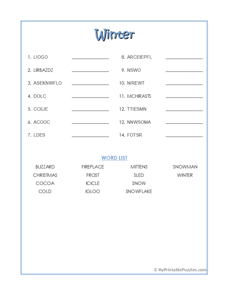 Winter Word Scramble | My Printable Puzzles