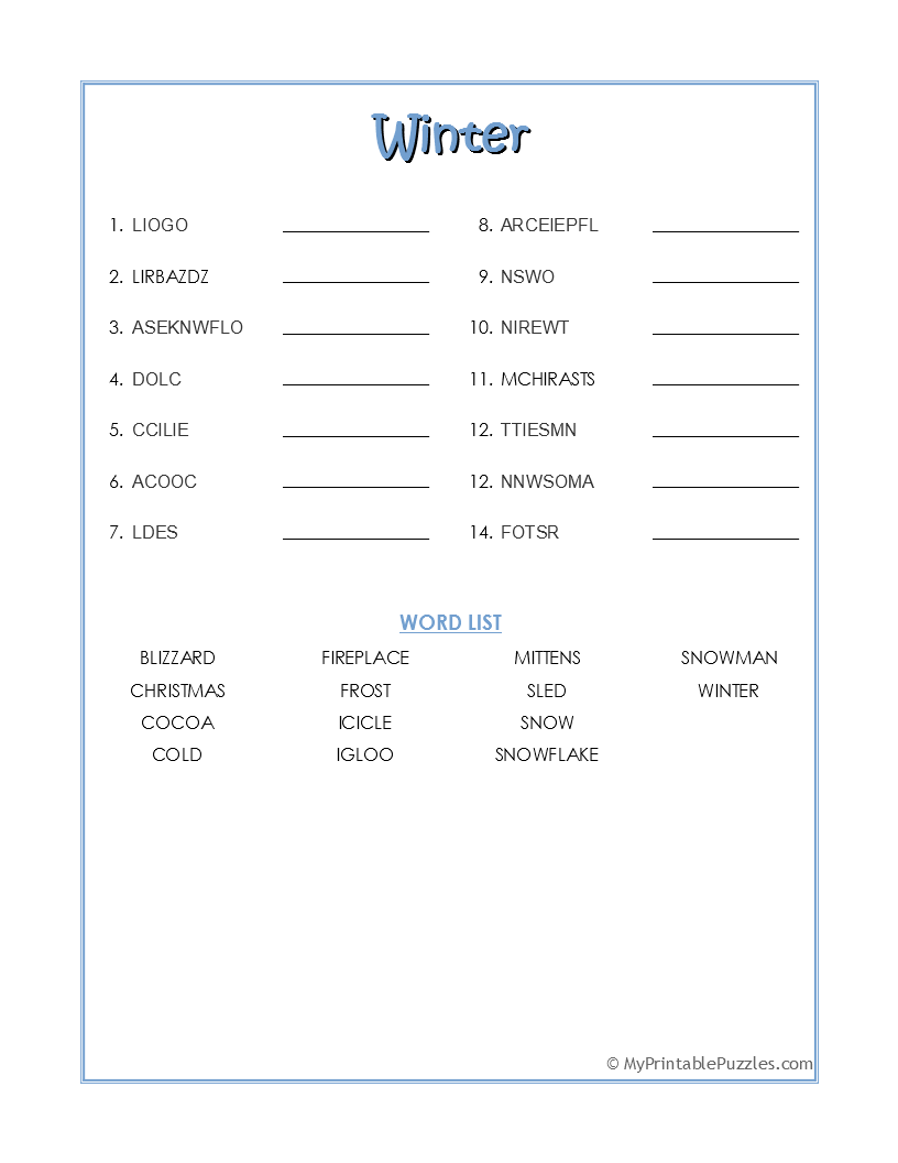 Winter Word Scramble My Printable Puzzles Winter Word Scramble My Printable Puzzles
