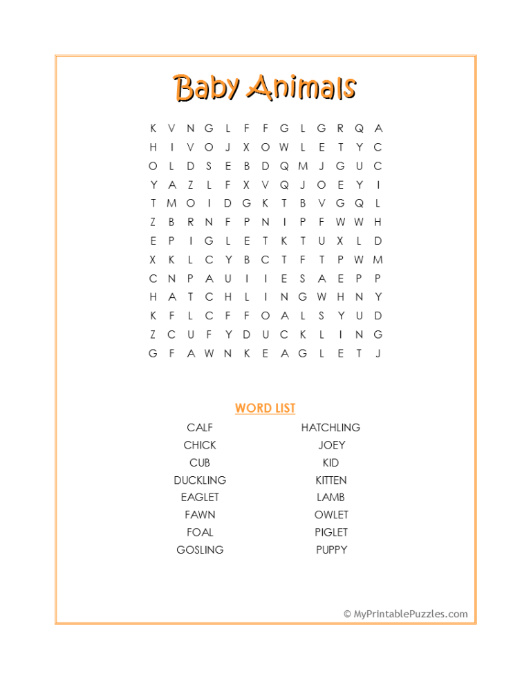Baby Animals Word Search | My Printable Puzzles