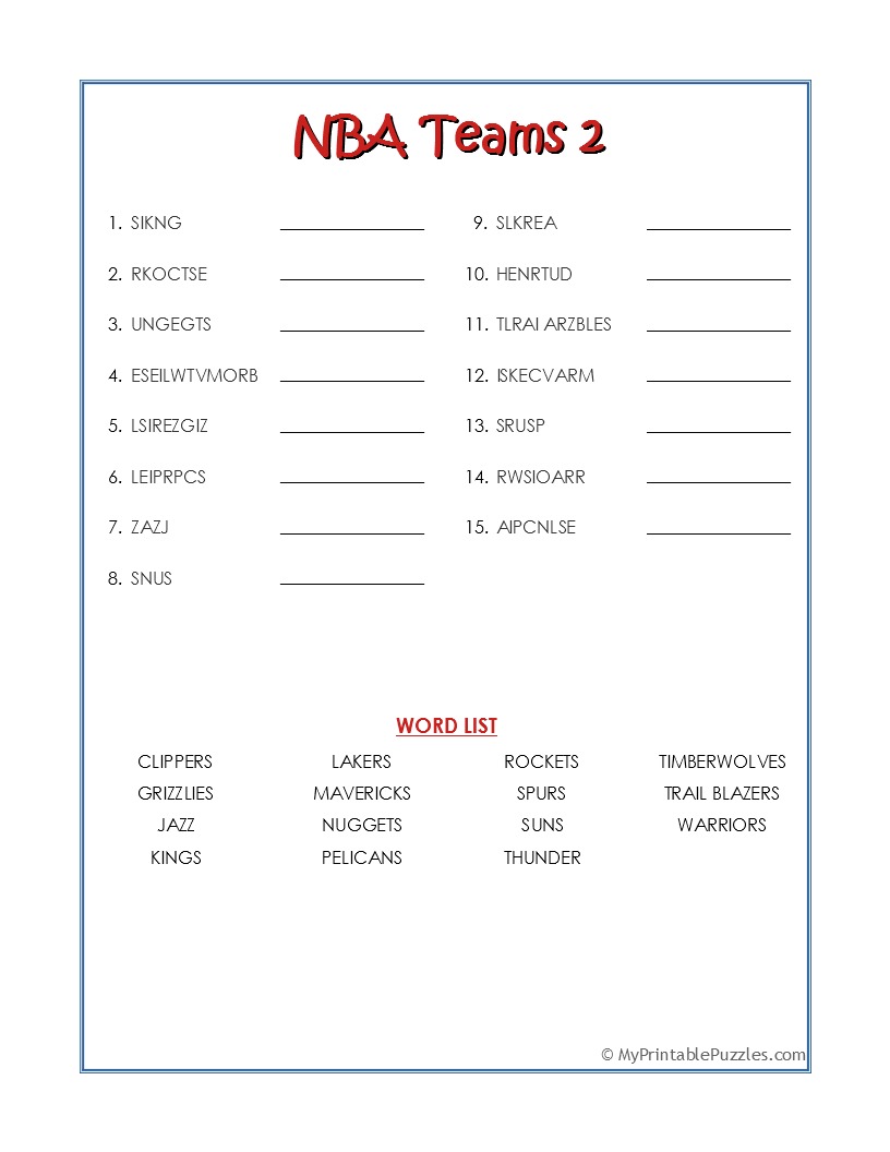 NBA Teams 2-Word Scramble | My Printable Puzzles