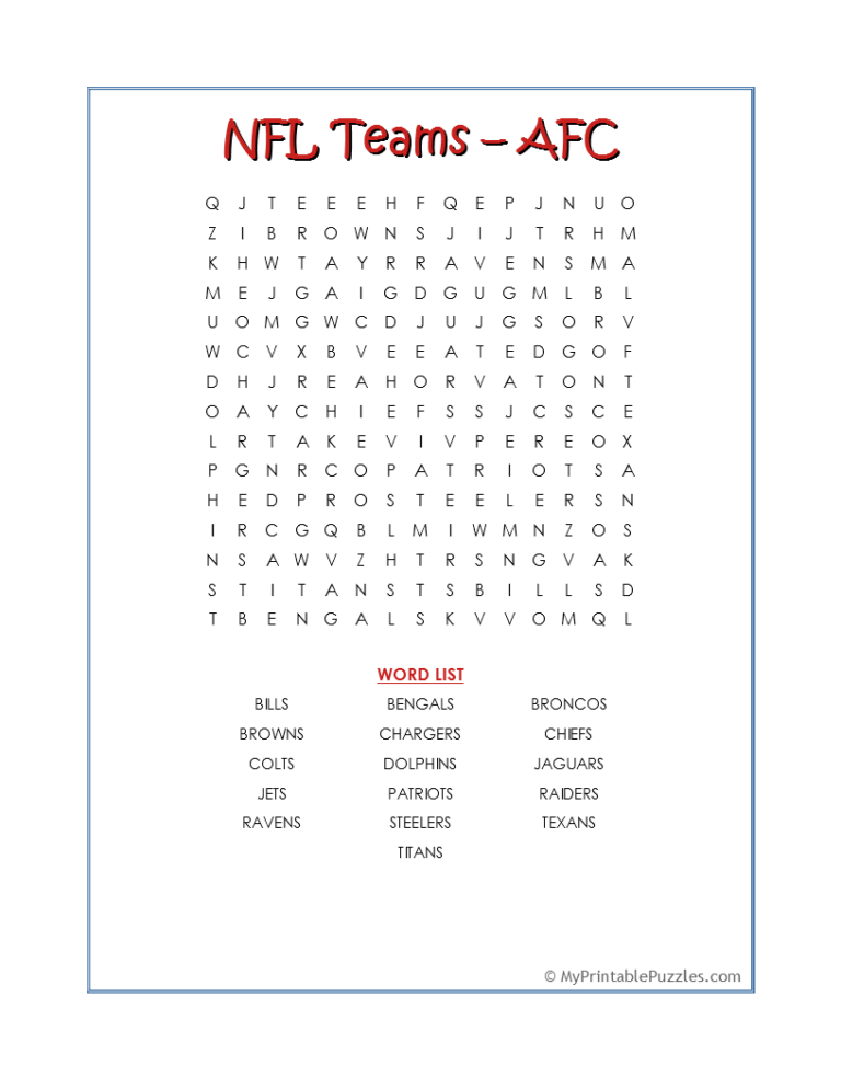 NFL Teams Crossword Puzzle | My Printable Puzzles