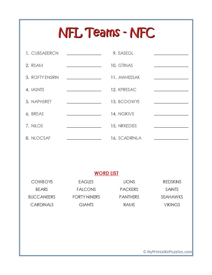 NFL Teams Crossword Puzzle | My Printable Puzzles