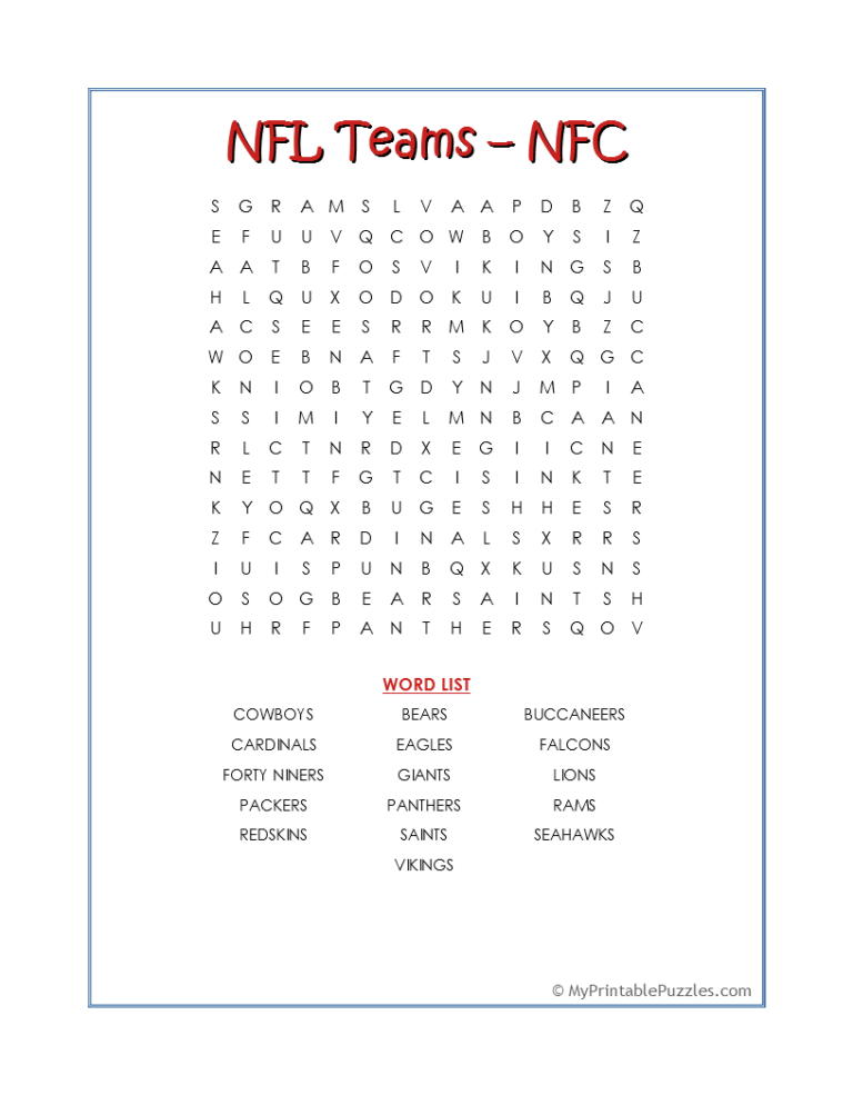 NFL Teams Crossword Puzzle | My Printable Puzzles