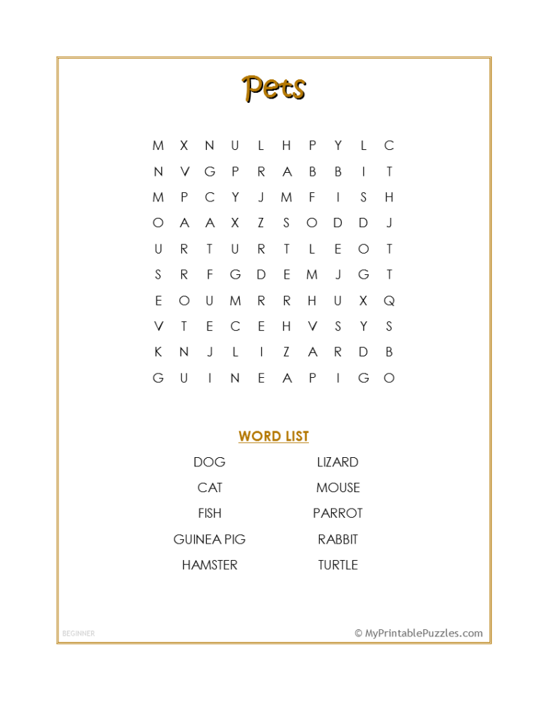 Pets Word Search - Beginner | My Printable Puzzles