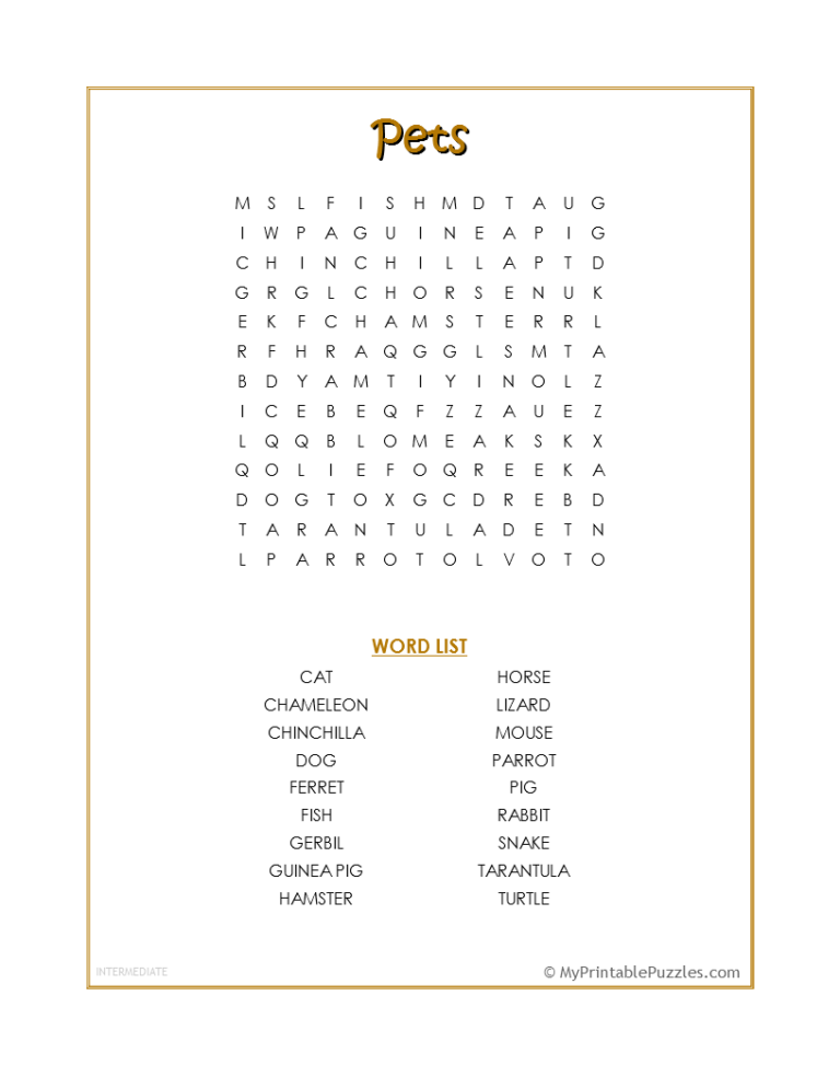 Pets Word Scramble | My Printable Puzzles